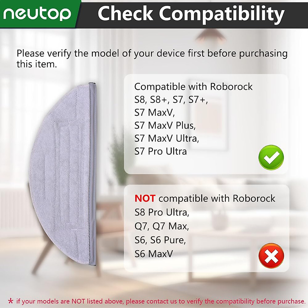 neutop Mop Cloths Pads, Compatible with Roborock S8, S8+, S7, S7+, S7 MaxV Plus/MaxV Ultra/Pro Ultra, Robot Vacuum Cleaners, Washable Spare Parts Accessories, 6-Pack.