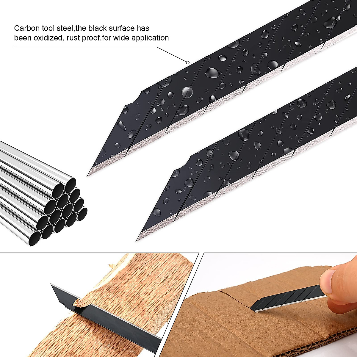 FOSHIO 100PCS 30 Degree Blades Carbon Steel Snap Off Blades 9mm for Box Cutters Utility Knife Universal Art Knife Replacement Black Blades