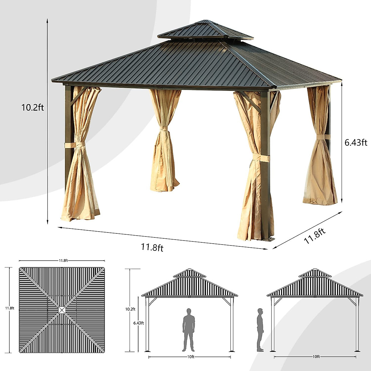 Aoodor 12 x 12 ft. Aluminum Frame Hardtop Roof Gazebo, Outdoor Patio 2-Tier Metal Roof Gazebo with Mosquito Netting and Curtains, Suitable for Patios, Garden and Backyard - Black