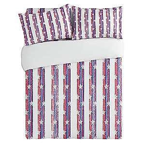 4th of July Queen Duvet Covers American Patriotic Stars Horizontal Stripe 3-Piece Bedding Sets Luxury Soft Microfiber Bed Comforter Protector with Pillow Cases for Women Men Girl Boy Red Blue White