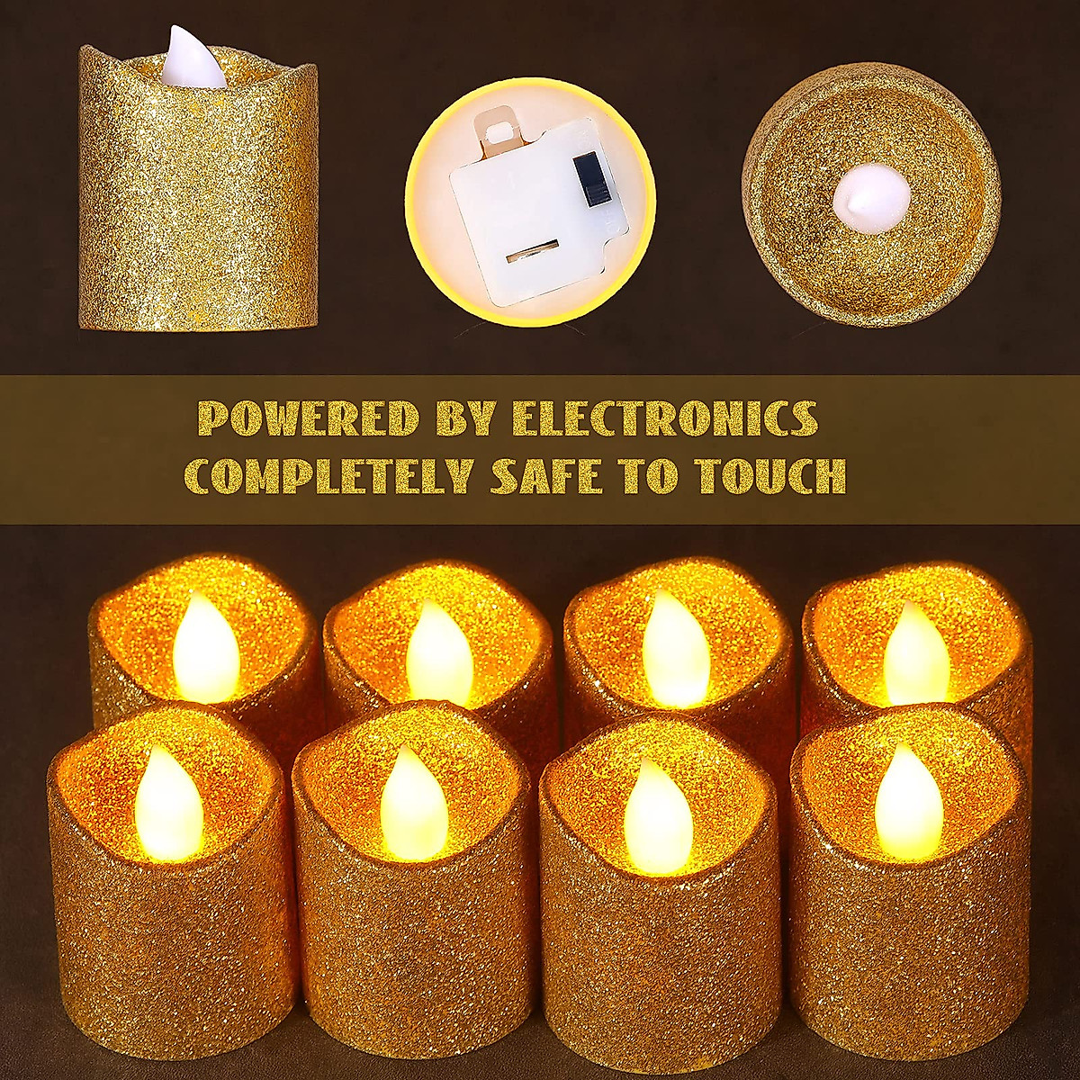 Honoson 24 Pack Gold Candles Party Decoration Flameless Candles LED Tea Light Candles Battery Operated Candle Fake Candle for Halloween Christmas Valentine's Day Diwali Wedding Table Decor
