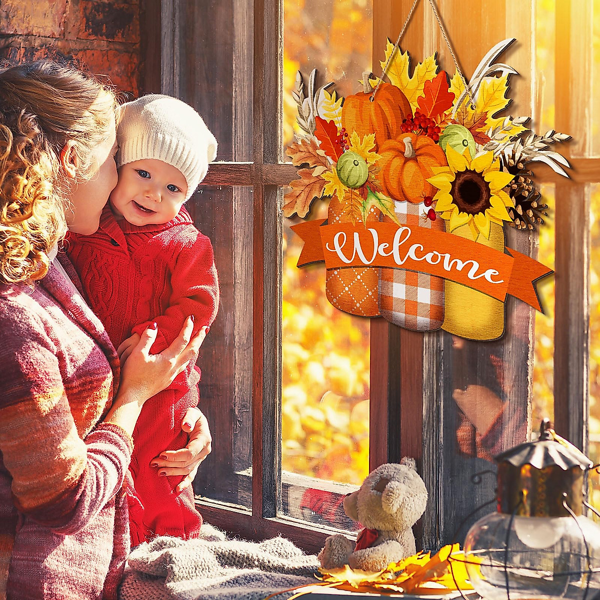 Thyle 2 Pcs Welcome Fall Thanksgiving Front Door Decor Hello Fall Truck Door Signs Pumpkin Maple Leaf Sunflower Door Hanging Fall Wall Decoration