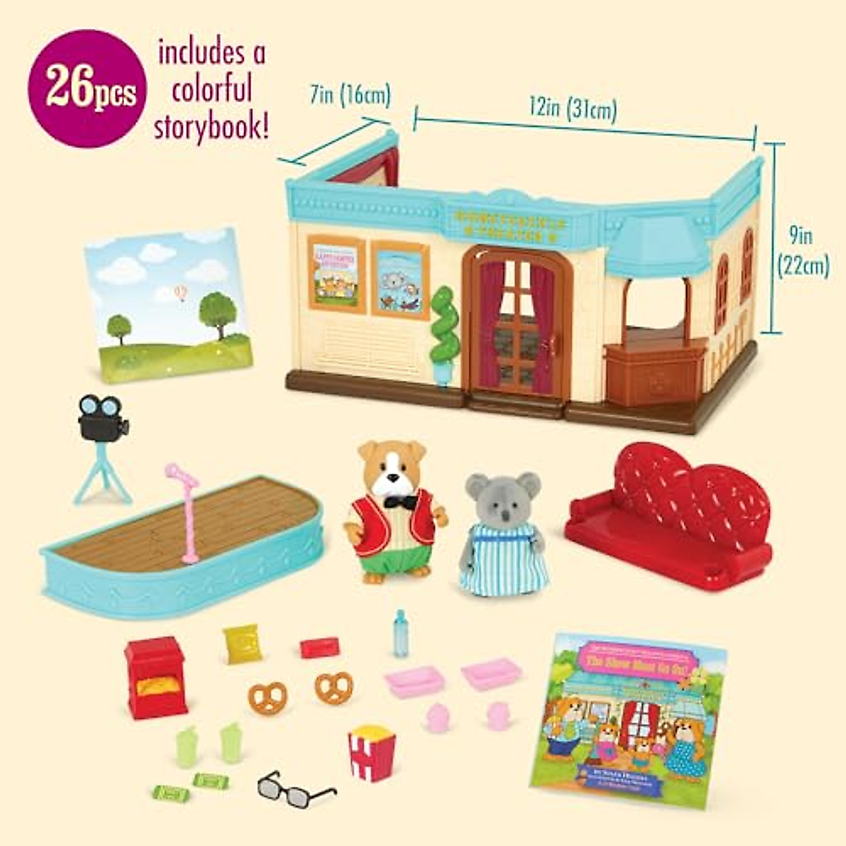 Lil Woodzeez – Toy Figures Playhouse – Miniature Movie Theatre – Stackable – Storybook Playset – Posable Figures & Cinema with Furniture – 3 Years +