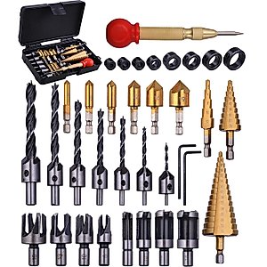 SHITIME 34 Pack Wood Working Chamfer Drilling Tools, 6 Countersink Drill Bit Set, 7 Counter Sinker Drill Bit Set, 8 Plug Cutters for Wood, 8 Drill Stop Bit Collar Set and 3 Step Drill Bits.