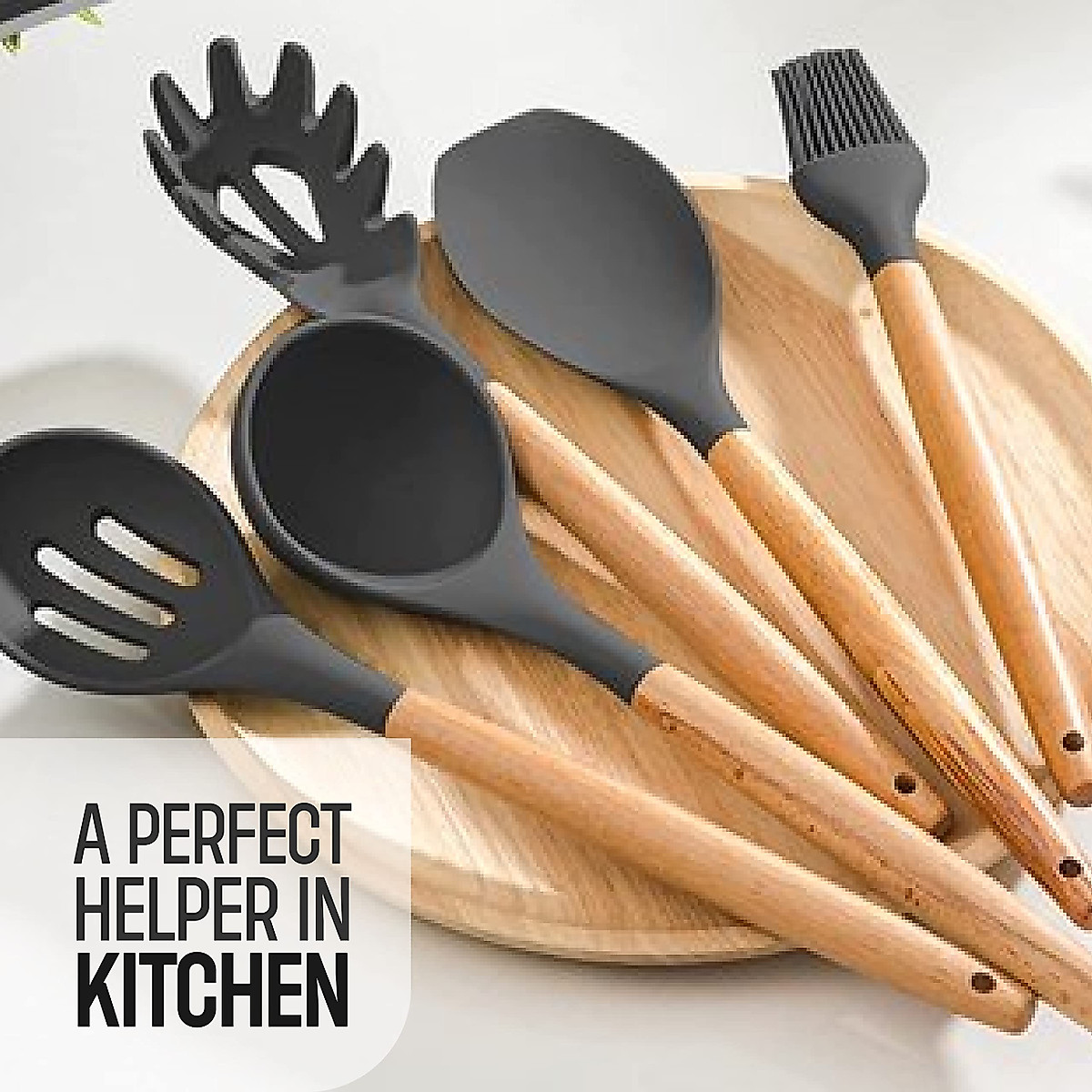 LaGrace O Naturel 12 Pcs Non-stick Silicone Kitchen Utensil Set – Wooden Spoons For Cooking - 446°F Heat Resistant Turner Tongs, Spatula, Spoon, Brush,