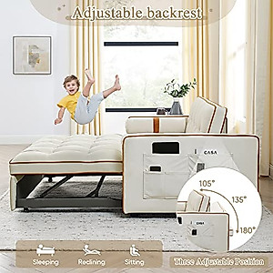 3 in 1 Sleeper Sofa Couch Bed, Small Tufted Velvet Convertible Loveseat Futon Sofa w/Pullout Bed, Adjustable Backrest, Cylinder Pillows for Living Room Apartment, Easy to Assemble, Beige, 55.5"