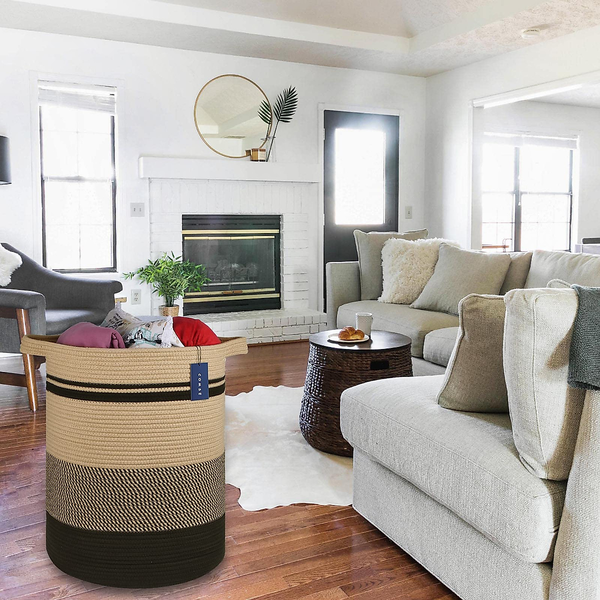 COMSE Extra Large Laundry Basket, Tall Blanket Basket, Laundry Hamper with Handles, 15.7”x 21.7”, Cotton Rope Basket, Woven Laundry Basket, Toy Basket, Clothes Baskets,Woven Basket, Brown/Black