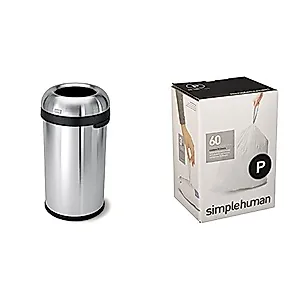 simplehuman 60 litre bullet open can heavy-gauge brushed stainless steel + code P 60 pack liners