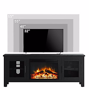 IRONCK 59” TV Stand with 23” Electric Fireplace, Glass Door TV Stand for TVs up to 65", Wood Entertainment Center for Living Room, Bedroom - Black