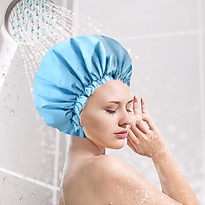 Shower Caps for Women, Terry Cloth Lined EVA Exterior Elastic and Reusable Bath Caps, Double Waterproof Layers Shower Cap, Bathing Shower Caps, Environmental Protection Bath Hair Cap - Blue