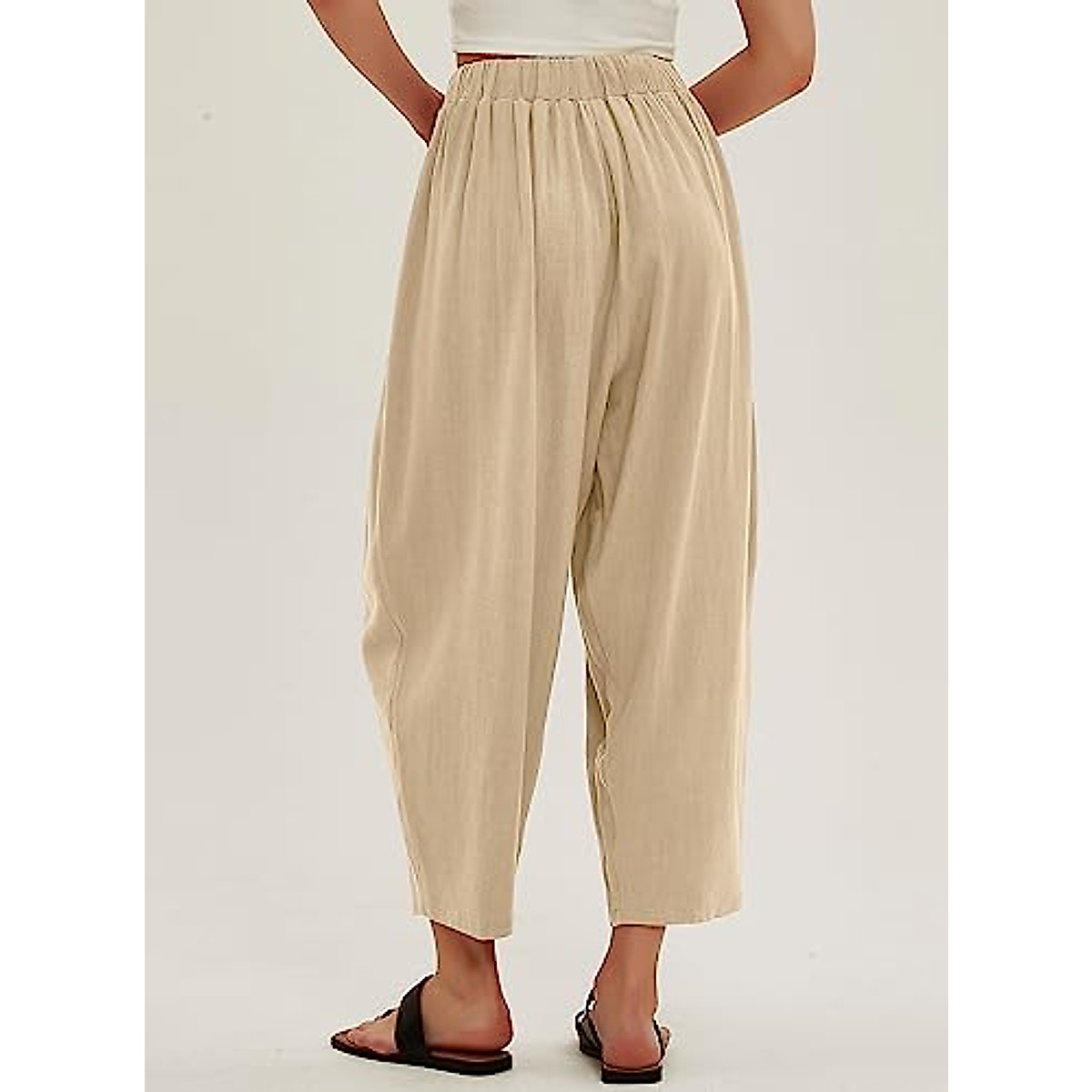 Beaully Women's Linen Pants Casual Loose High Waist Drawstring Wide Leg Capri Pants Trousers with Pockets 6094 Apricot Medium