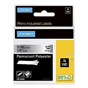 DYMO Industrial Permanent Labels for DYMO LabelWriter and Industrial RhinoPro Label Makers, Black on Metallic, 3/8", 1 Roll (18485), DYMO Authentic