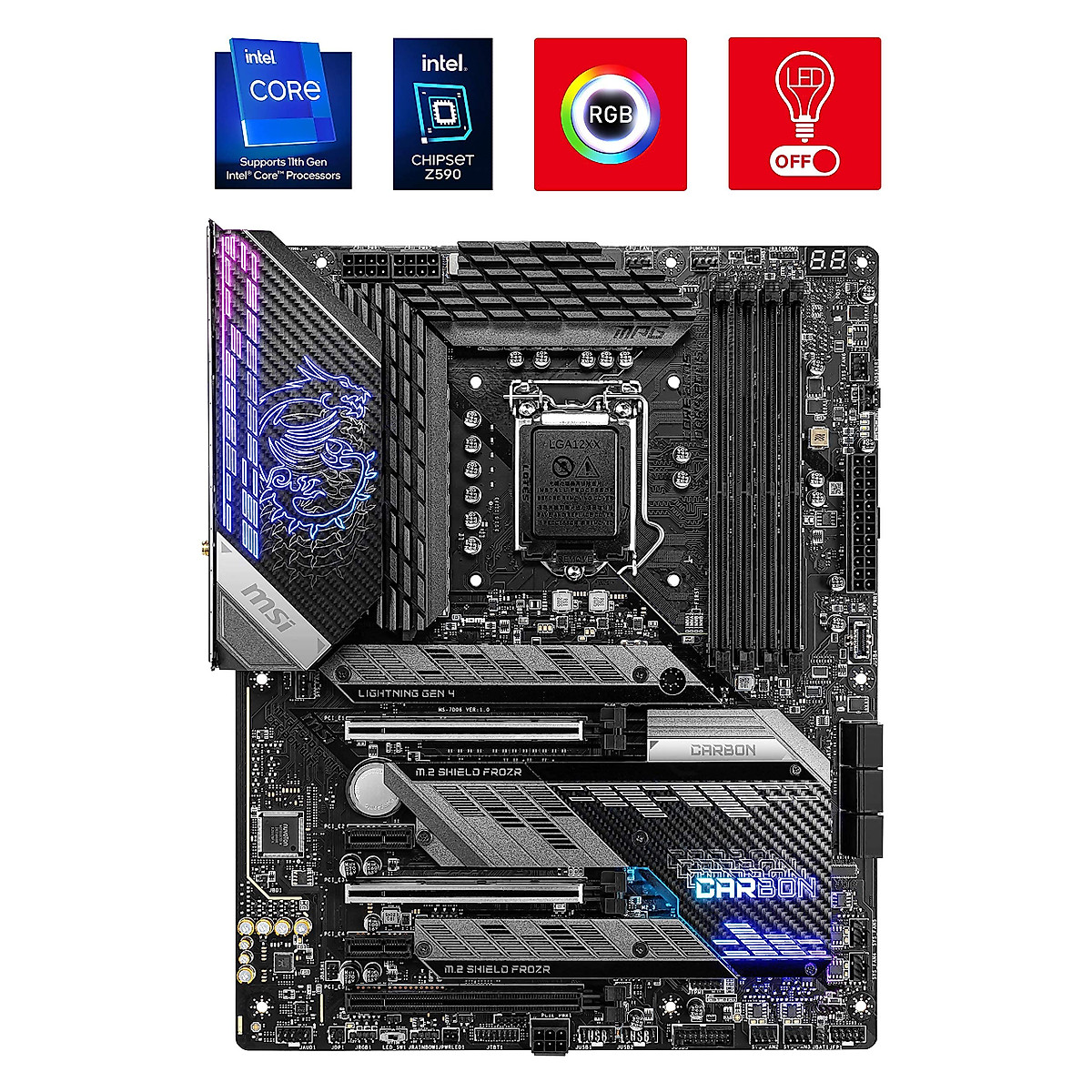 MSI MPG Z590 Gaming Carbon WiFi Gaming Motherboard (ATX, 11th/10th Gen Intel Core, LGA 1200 Socket, DDR4, PCIe 4, CFX, M.2 Slots, USB 3.2 Gen 2, Wi-Fi 6E, DP/HDMI, Mystic Light RGB) (Renewed)