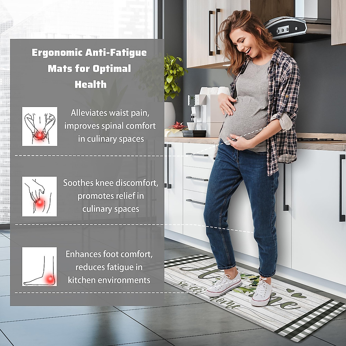 Qahing Farmhouse Kitchen Rugs Mats Sets of 2 Cushioned Anti Fatigue Kitchen Mats for Floor Spring Non Slip Memory Foam Kitchen Floor Mats Waterproof Comfort Standing Mats for Sink, 17.3"x28"+17.3"x47"