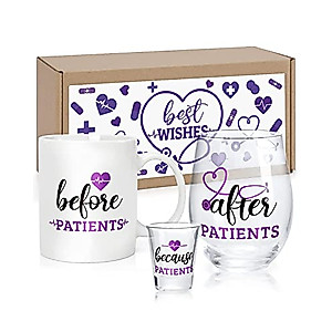 Levfla Before Patients After Patients Set Nursing Gifts 11 oz Coffee Mug 18 oz Stemless Wine Glass 2 oz Shot Glass for Doctor's Day Pediatrician Physician Graduation Birthday Nurse Week Gifts (Purple)
