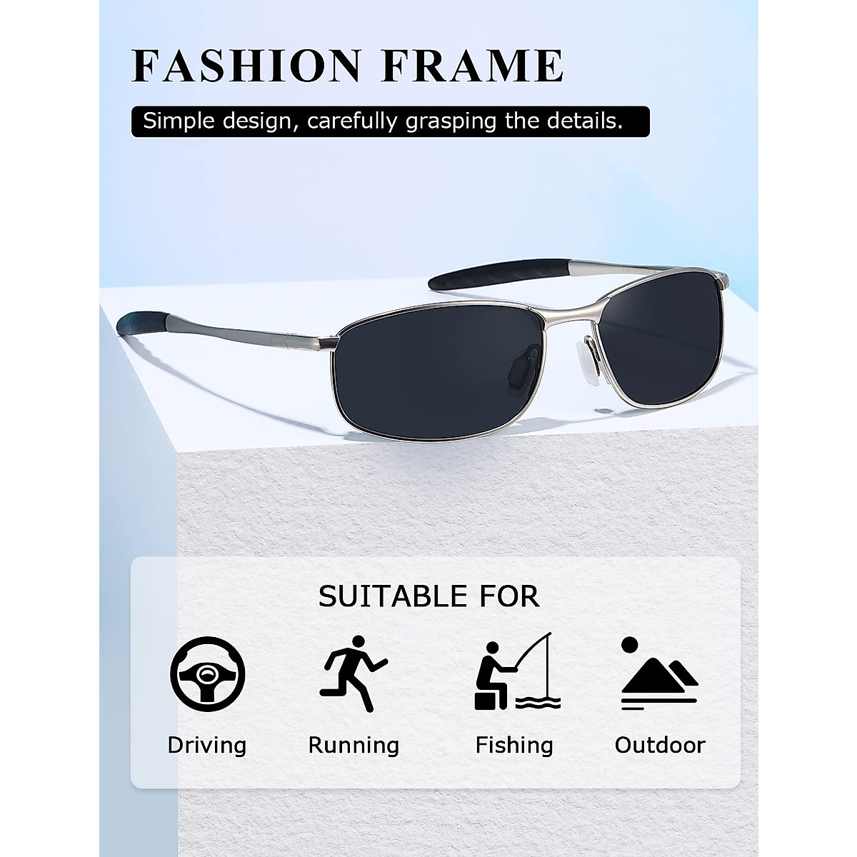 AEVOGUE Polarized Sunglasses For Men Rectangle Metal Frame Retro Sun Glasses AE0395 (2 Pack/Silver Frame Grey Lens+Silver Frame Blue Lens, 59)