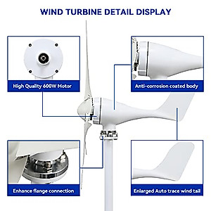 Vacayinsider 600W Wind Turbine Generator Kit 12V 3 Blades, with Charge Controller, Wind Power Generator for Off Grid System, Windmill Generator Suit for Home Hybrid Solar Wind System