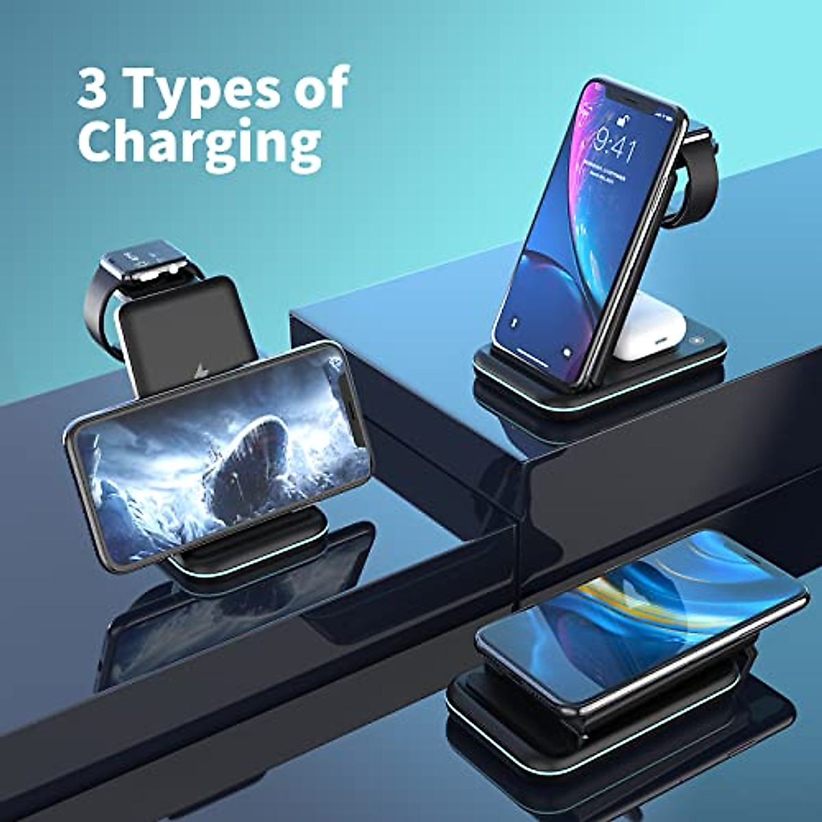 Wireless Charging Station, MSTJRY 3 in 1 Wireless Charger Stand Portable Designed for Apple Products Multiple Devices iPhone iWatch S7 SE S6 S5 S4 S3 S2 Airpods UL Certified Power Adapter Included