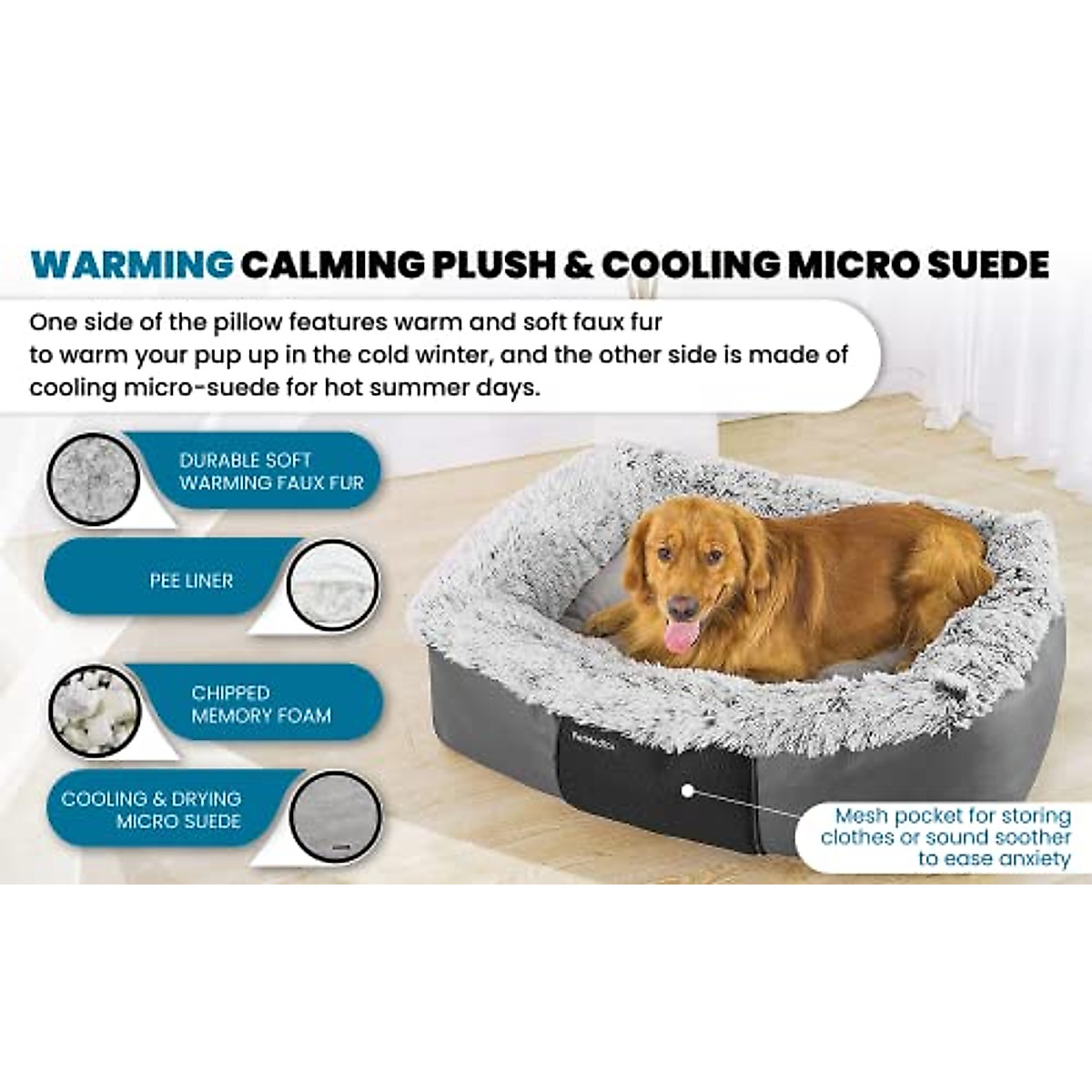 PetMedics Calming Orthopedic Washable Dog Bed with Warming & Cooling Memory Foam Pillow - Chew Proof & Waterproof Bed for Extra Large, Large, Medium, Small Dogs, Puppy, Cat, Kittens, and Pets