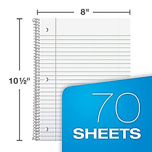 Oxford Spiral Notebook 6 Pack, 1 Subject, Wide Ruled Paper, 8 x 10-1/2 Inch, Blue, Yellow, Red, Light Blue, Green and Black, 70 Sheets (65010)