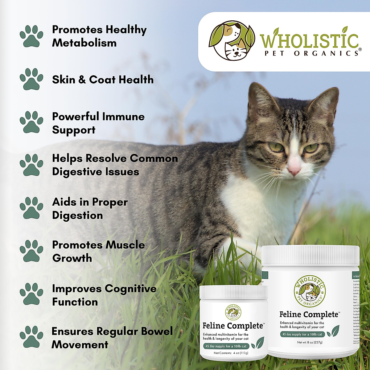 Wholistic Pet Organics Feline Complete - 4 Oz - Multivitamin & Probiotic Powder for Cats - Natural Cat Food & Digestive Support