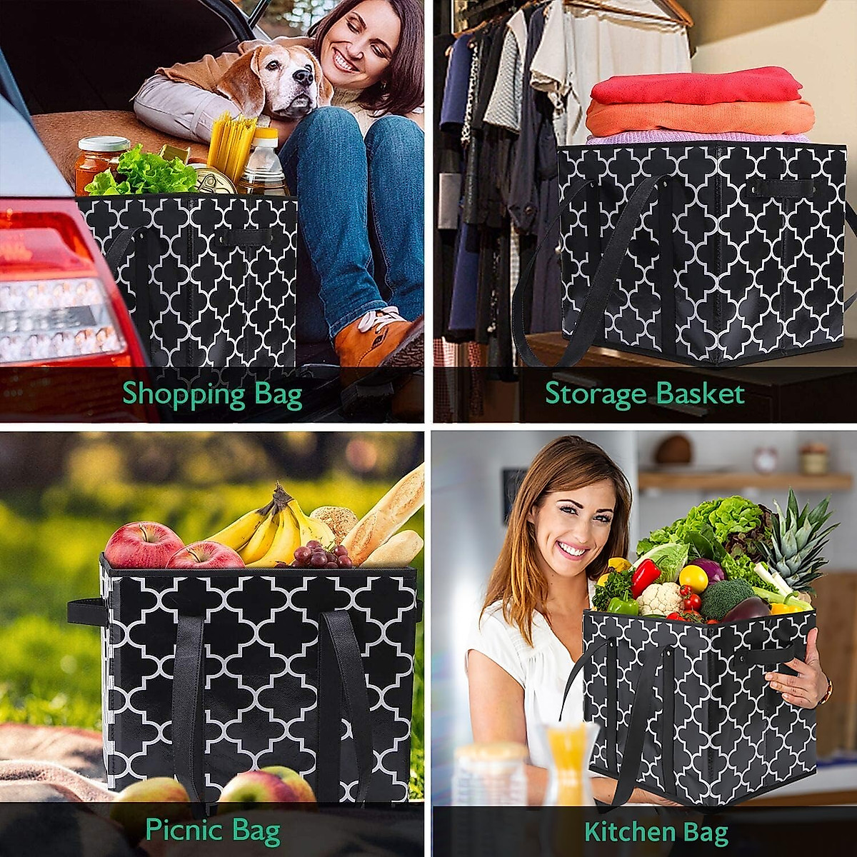 WISELIFE Reusable Grocery Bags 3-Pack Foldable Washable Large Storage Bins Basket Water Resistant Shopping Tote Bag Black