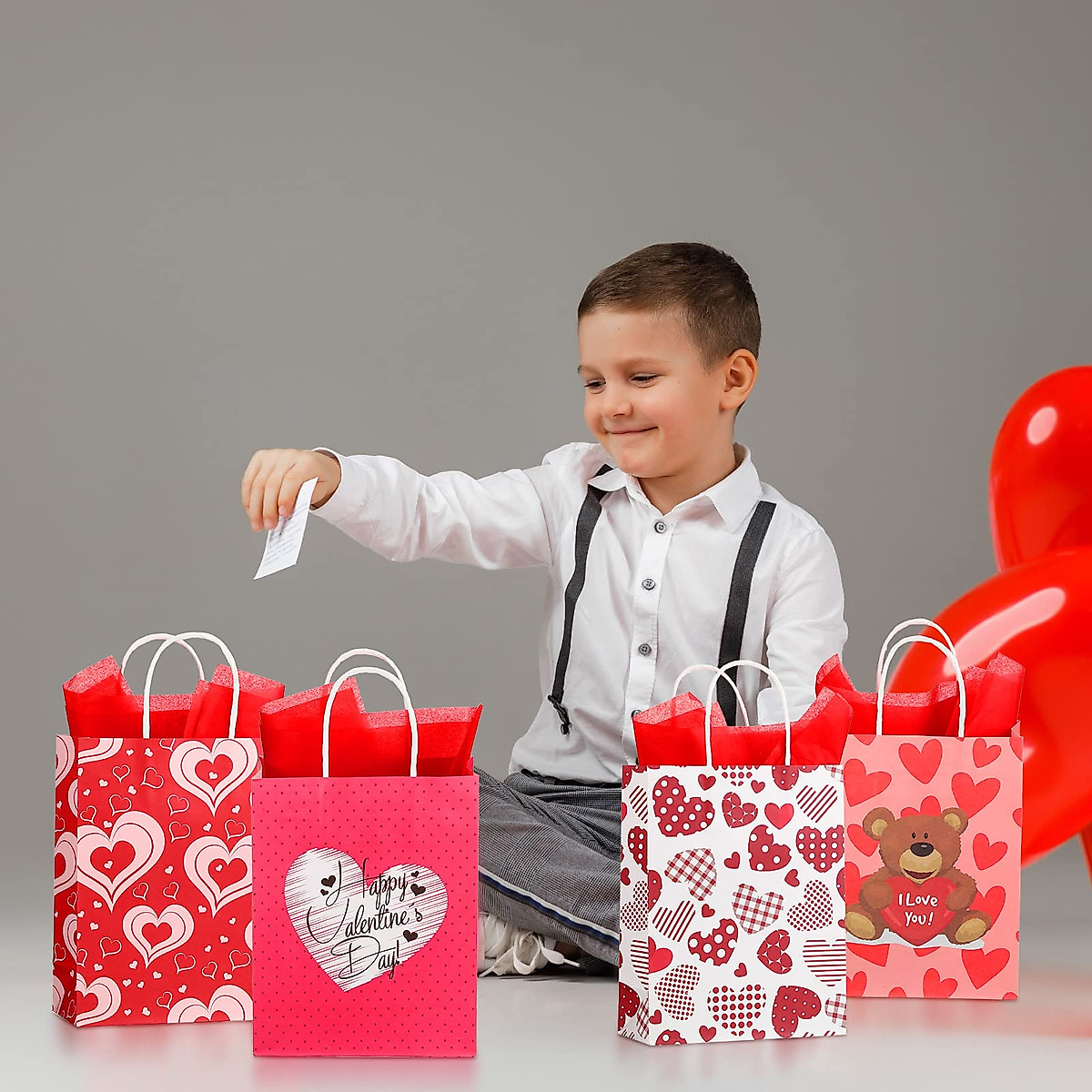 Crtiin 192 Pcs Valentine's Day Paper Gift Bags with Handle Set with Tissue Paper and Stickers Bulk Treats Gift Wrap Bags for Valentines Wedding Party Favor Gift Wrapping Supply, 8.7 x 6.7 x 3.1 Inch