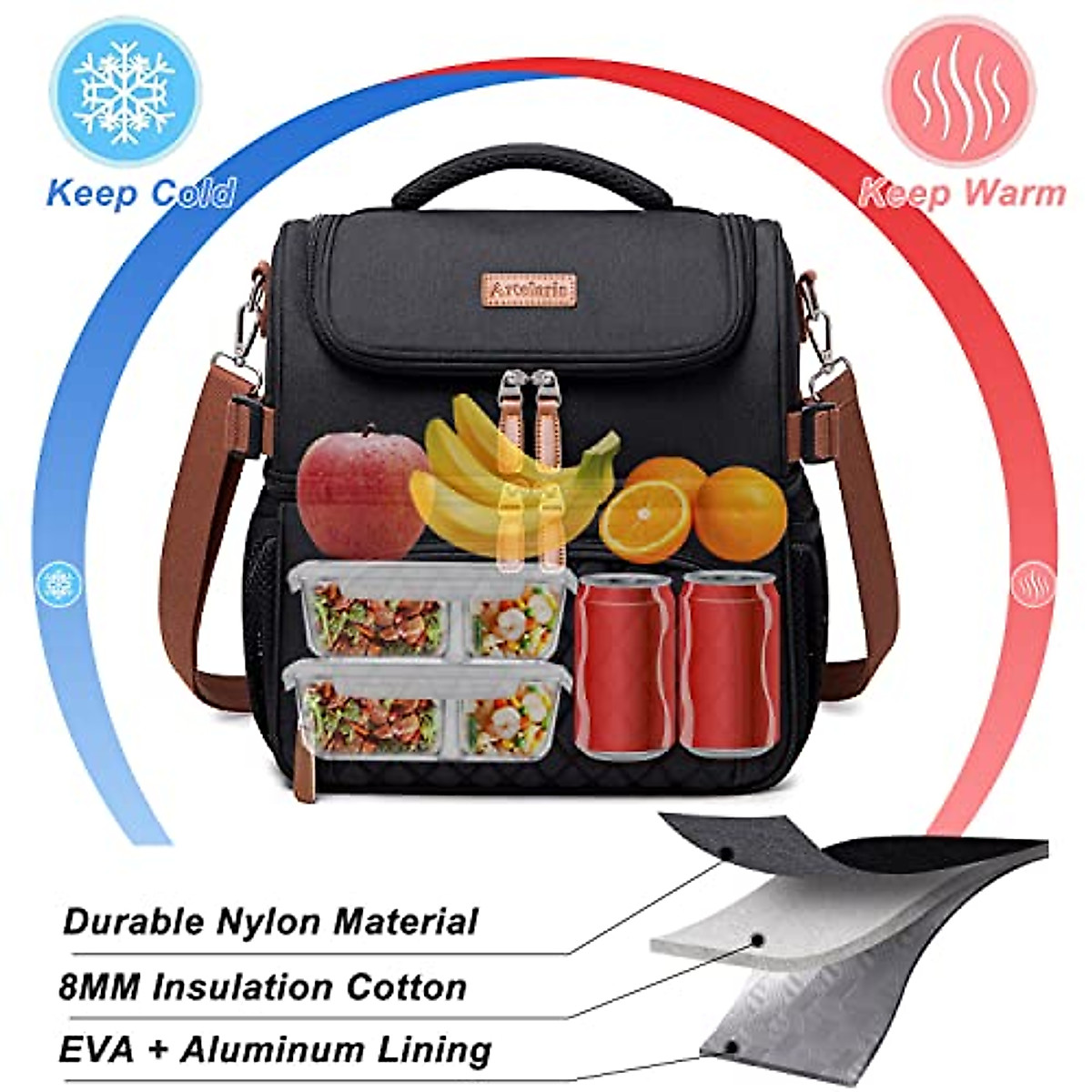 Artelaris Lunch Bag for Men Women, Large Double Deck Lunch Box Tote for Work, Dual Compartment Insulated Leakproof Lunchbox Cooler for Adult with Shoulder Strap & Side Pocket for Picnic Hiking Outdoor