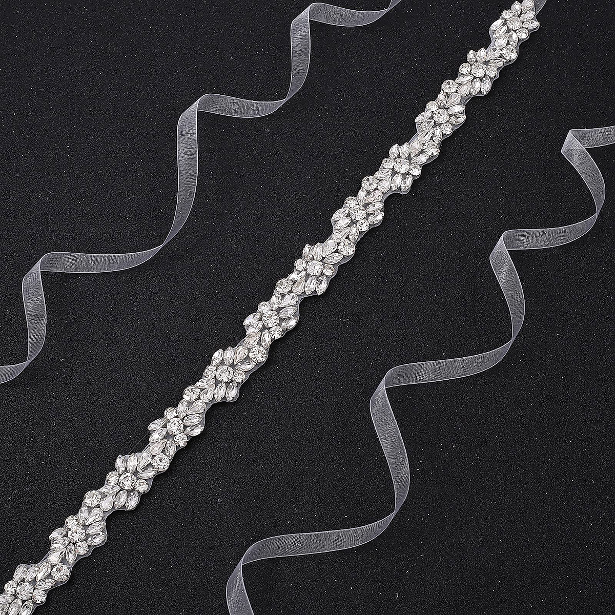 WEZTEZ Crystal Bridal Belt Handmade Wedding Sash with Rhinestones Pearls Belt for Bridal Gowns (Silver-Organza White)