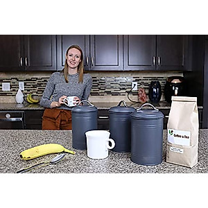 Kitchen Canisters, Set of 3 for Countertop Storage of Coffee, Food, Charcoal Grey Metal, All One-Size, Airtight Lids, Modern Farmhouse Industrial (8 Inches High with Lids, 4.5 Inches Diameter)