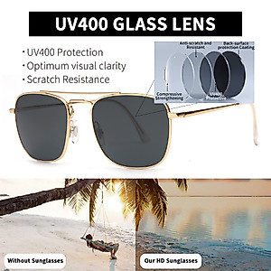 JIM HALO Retro Square Aviator Sunglasses Premium Glass Lens Flat Metal Eyewear Men Women (Gold/Grey)