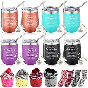 Tioncy 48 Pcs Wine Tumbler 12 oz with Lid and Straw Funny Keychain Fluffy Cupcake Socks Teacher Appreciation Thank You Gift for Coworker Employee Teacher Women