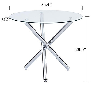 Modern Round Dining Table with Clear Tempered Glass Top, 3 Chrome Legs Kitchen Table for 2 or 4 Person,Round Dining Table Furniture for Home Office Kitchen Dining Room(W 35.4 x L 35.4 x H 29.5 inch)