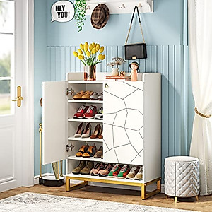 Tribesigns Shoe Cabinet with Doors, White Gold 6-Tiers Shoe Storage Cabinet for Entryway, Modern Free Standing Shoe Cabinet Storage Organizer for Living Room, Bedroom,Closet