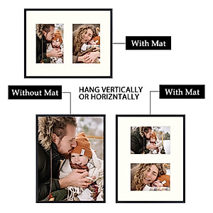 Frametory - 11x14 Aluminum Collage Picture Frame - Display 5x7 Pictures with 2 Openings Mat - Real Glass Front - Horizontal/Vertical Wall Mount - Black 1 Pack