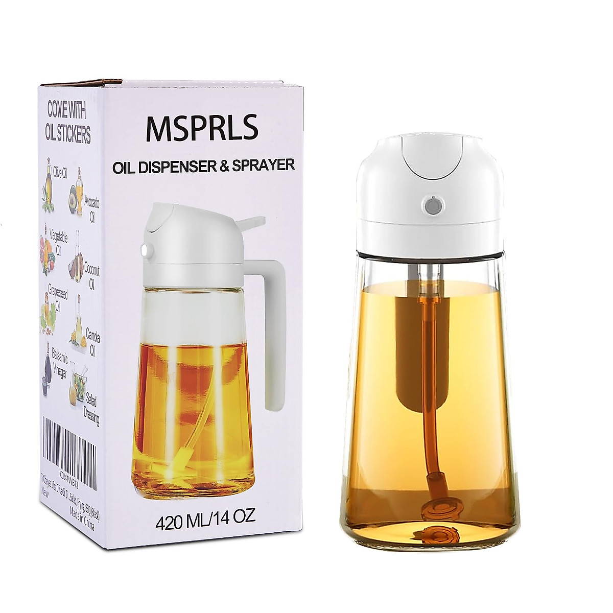 2 in 1 Oil Dispenser And Oil Sprayer for Kitchen, 2 in 1 Oil Sprayer Came With Some Stickers With Various Oil Labels, 420ml/14oz Oil Sprayer Perfect for Cooking, Air Fryer, BBQ, Baking, Salad - White