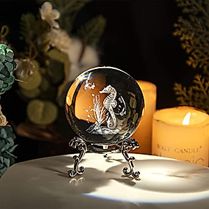 HDCRYSTALGIFTS 60mm(2.4inch) 3D Crystal Decorative Balls 3D Laser Engraved Crystal Seahorse Paperweight Full Sphere Glass Feng Shui Figurine with Silver-Plated Flowering Stand