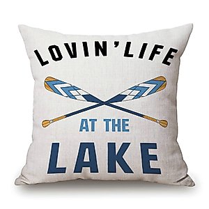Solekla Black Blue Word Art Quote Loving Life at The Lake Wooden Paddle Oar Summer Decorative Cotton Burlap Linen Throw Pillow Case Cushion Cover Sofa Outdoor Decorative Square 18X18 Inches