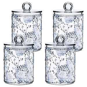 xigua 2 Pack Light Blue Flowers Apothecary Jars with Lid, Qtip Holder Storage Containers for Cotton Ball, Swabs, Pads, Clear Plastic Canisters for Bathroom Vanity Organization (10 Oz)