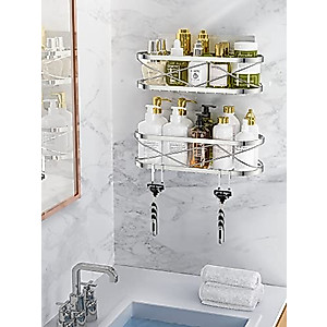 PARAKE Shower Caddy for Bathroom, 2-Pack Self-Adhesive Shower Storage Shelf with 4 Hooks, SUS304 Shampoo Organizer Rack Shower Shelf, Rustproof Large Capacity, for Kitchen Dorm Bath Toilet, Silver