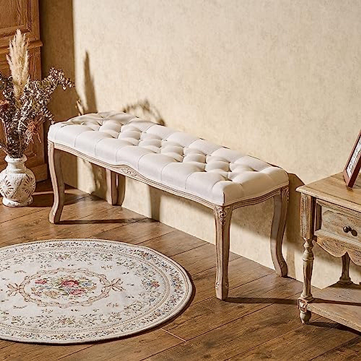 VONLUCE French Vintage Bench with Padded Seat & Rubberwood Legs, 44" Upholstered Entryway Bench & Dining Bench, Tufted Fabric End of Bed Bench for Bedroom Living Room Hallway More, Beige