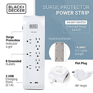 BLACK+DECKER Power Strip Extension Cord with 3 Grounded Outlets, 2 USB Charging Ports, 5 ft Cable - Indoor Charging Station Outlet Strip with Flat Plug - Premium Electrical Outlets & Accessories