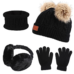 Fuyamp Kids Winter Hat Scarf Earmuffs and Gloves Set for 1-8 Year Girls and Boys, Knit Warm Toddler Winter, Lined Thermal Sets with Pompom(1-8 Year black)