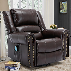 VIVIJASON Massage Swivel Rocker Recliner Chair with Heat & Vibration, 360° Swivel Manual Glider Rocking Reclining Chair with 2 Remote Controls, Side Pockets & USB Ports for Living Room, Brown