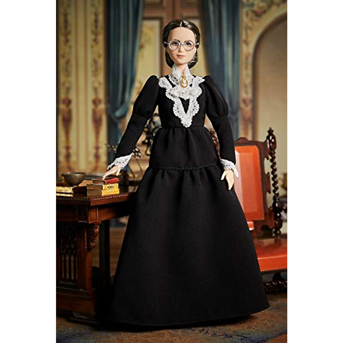 Barbie Inspiring Women Series Susan B. Anthony Collectible Doll, Approx. 12-in, Wearing Black Dress and Cameo Brooch, with Doll Stand and Certificate of Authenticity