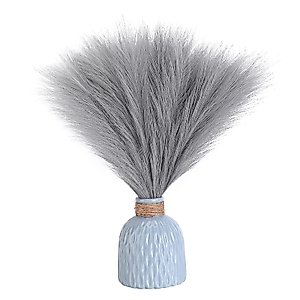 Faux Pampas Grass 6 Stems Small Artificial Pampas Grass 18'' No-Shedding Short Fake Pampas Grass Pompass Fluffy Plants Boho Decor for Centrepiece Living Room Home Office Wedding, No Vase (Grey)