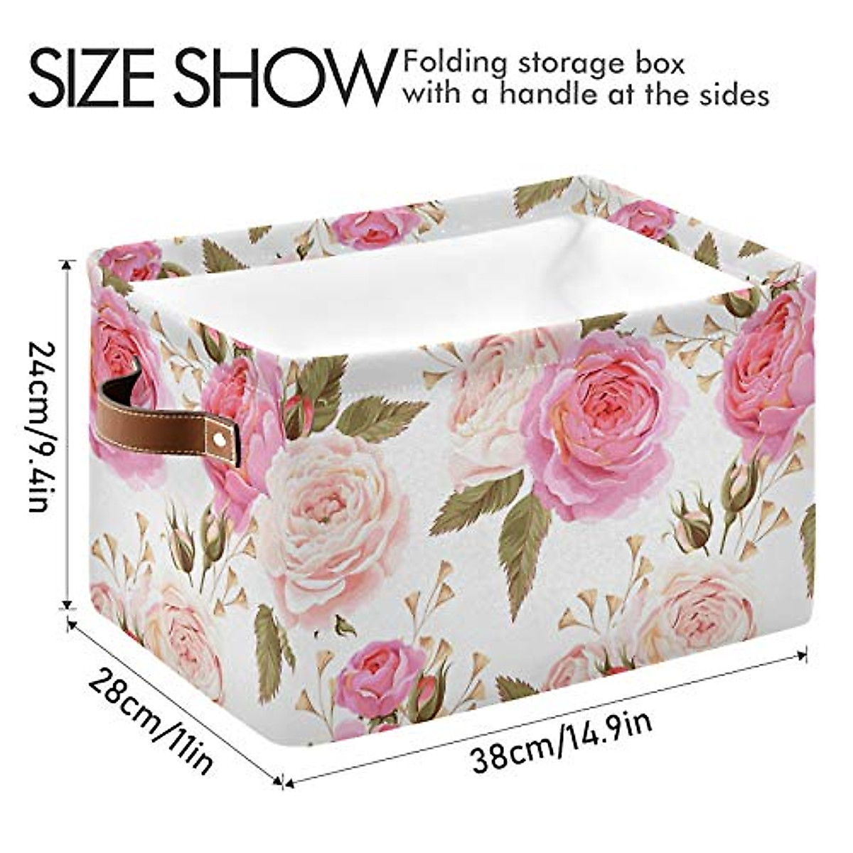 susiyo Large Foldable Storage Bin, Floral Pink Roses Fabric Storage Baskets Collapsible Decorative Baskets Organizing Basket Bin with PU Handles for Shelves Home Closet Bedroom Living Room-2Pack