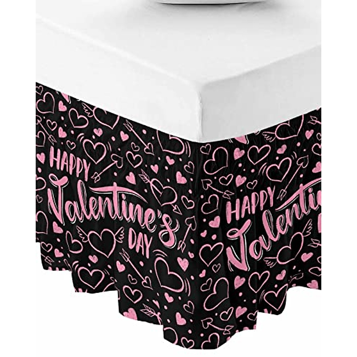 Valentine's Day Bed Skirt King Size 16 Inch Drop, Adjustable & Elastic Wrap Around Bed Skirts Pleated Luxury Dust Ruffles for Twin Full Queen Cal King Base Bed, Pink Black Romance Love Heart