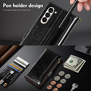 Antsturdy for Samsung Galaxy Z Fold 5 case Wallet Women with 【S Pen Holder】,Galaxy Z Fold 5 Phone case with Card Holder Strap PU Leather RFID Blocking Flip Folio Cover Credit Slots Men,Black