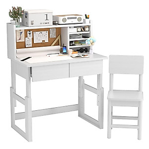 NKUGCFC White Kids Desk and Chair Set for 5-18 Year Old,Ergonomic Height Adjustable Childrens Study Desk with 2 Drawers,Kids Art Table with Storage-7HsbQo